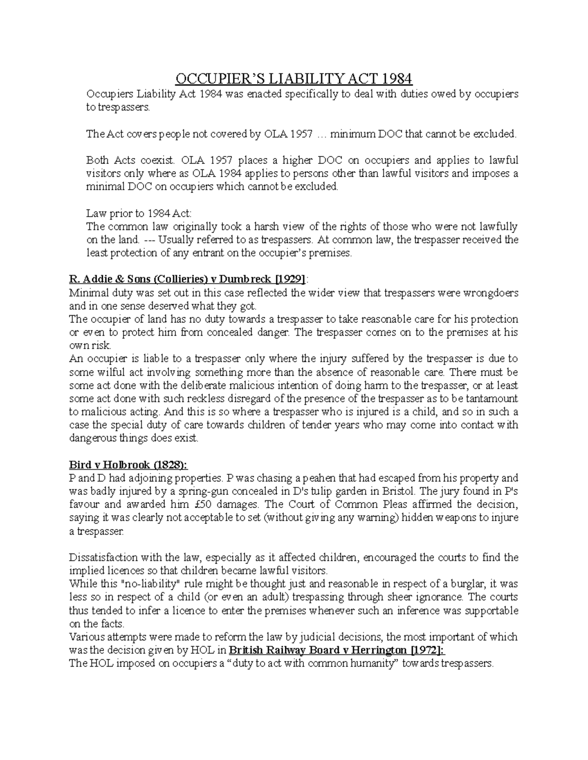 Occupiers Liability Act 1984 - OCCUPIER’S LIABILITY ACT 1984 Occupiers ...