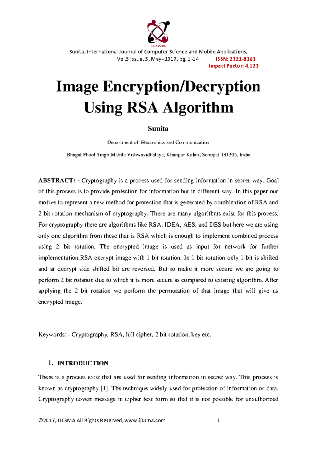 RSA 3 - Vol Issue. 5, May- 2017, pg. 1-14 ISSN: 2321- Impact Factor: 4. Image Encryption ...