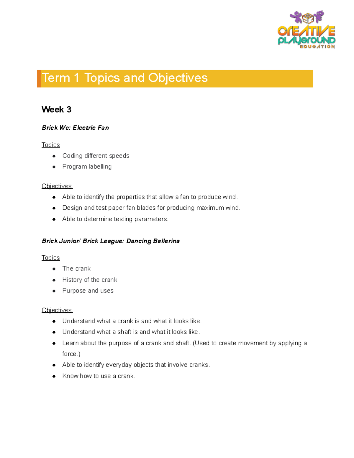 Term 1 Topics and Objectives - Term 1 Topics and Objectives Week 3 ...