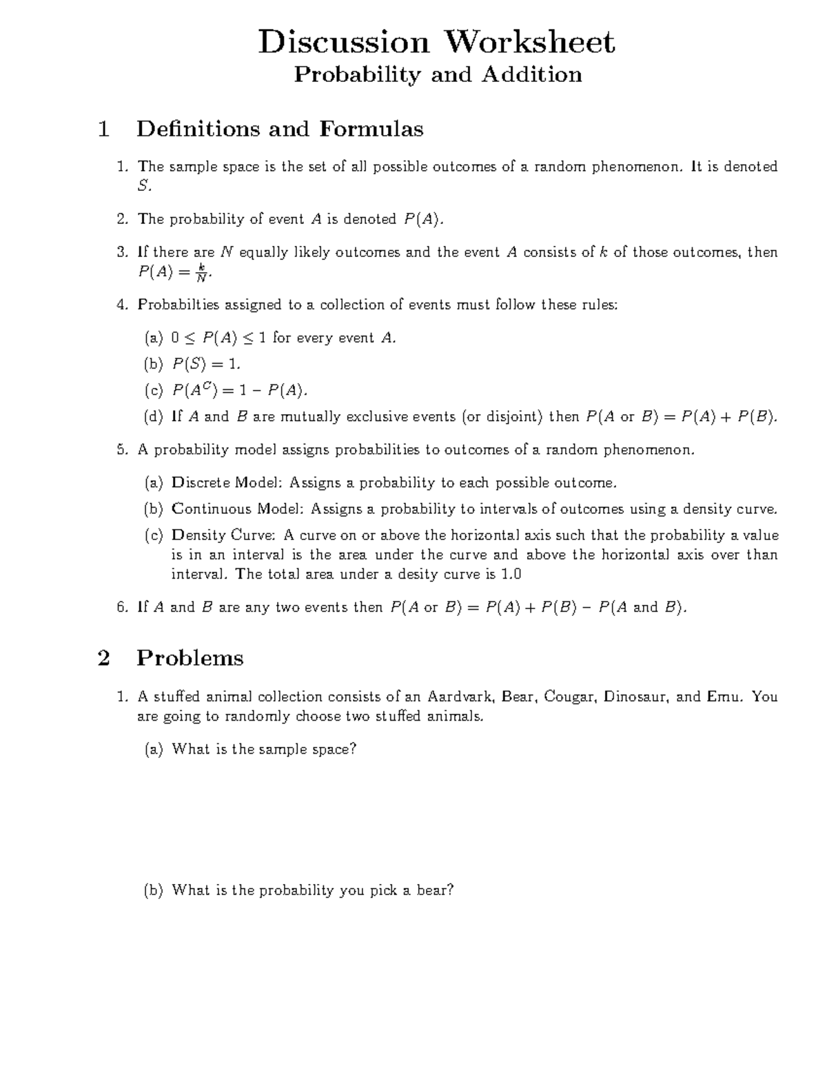 Worksheet Probability and Addition with answers - Discussion Worksheet ...