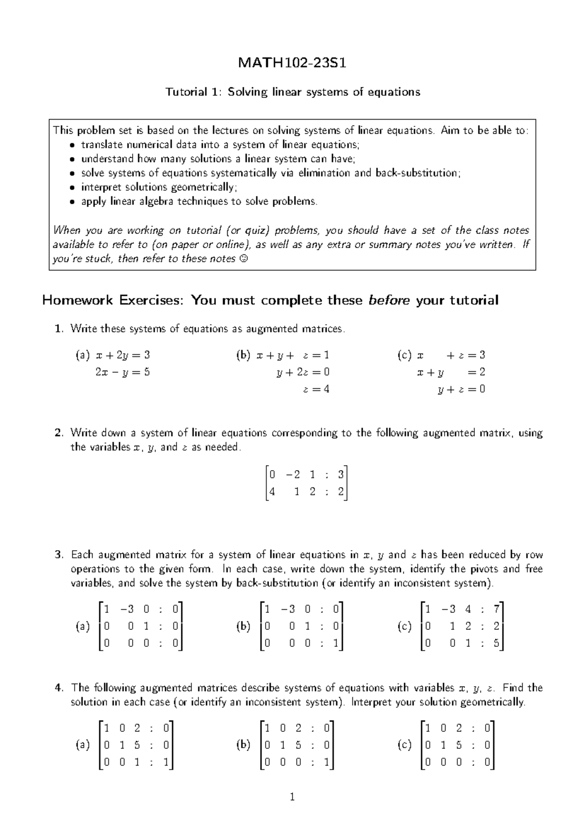 Tutorial 1 questions - MATH102-23S Tutorial 1: Solving linear systems ...