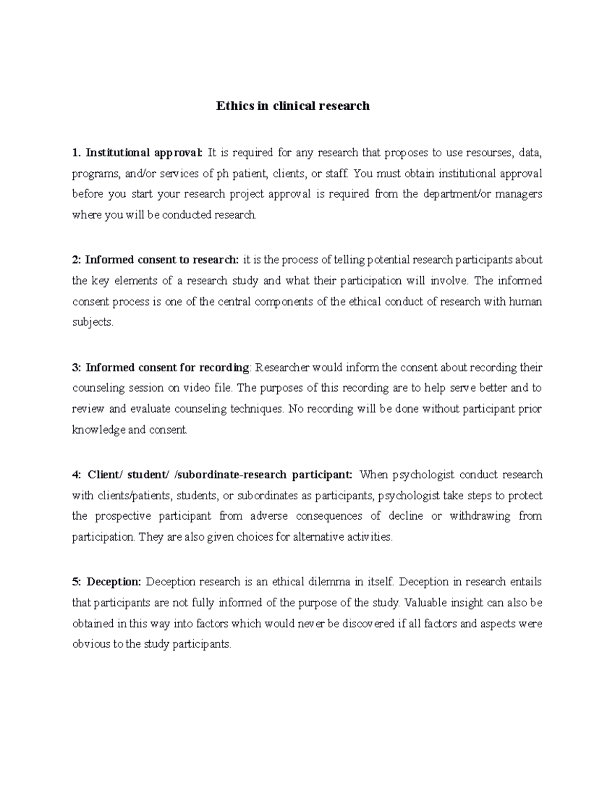 ethics in psychology - Ethics in clinical research 1. Institutional ...