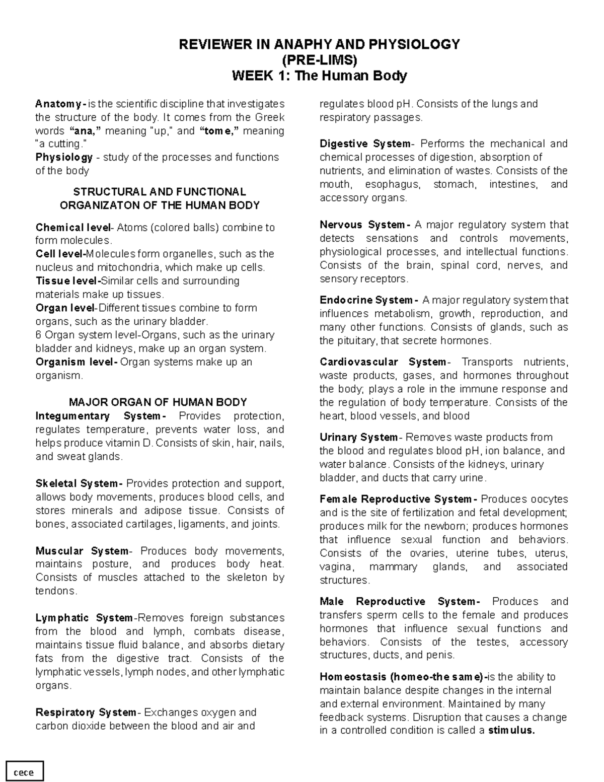 Anaphy pdf - This is just the preliminary notes/reviewer - REVIEWER IN ...