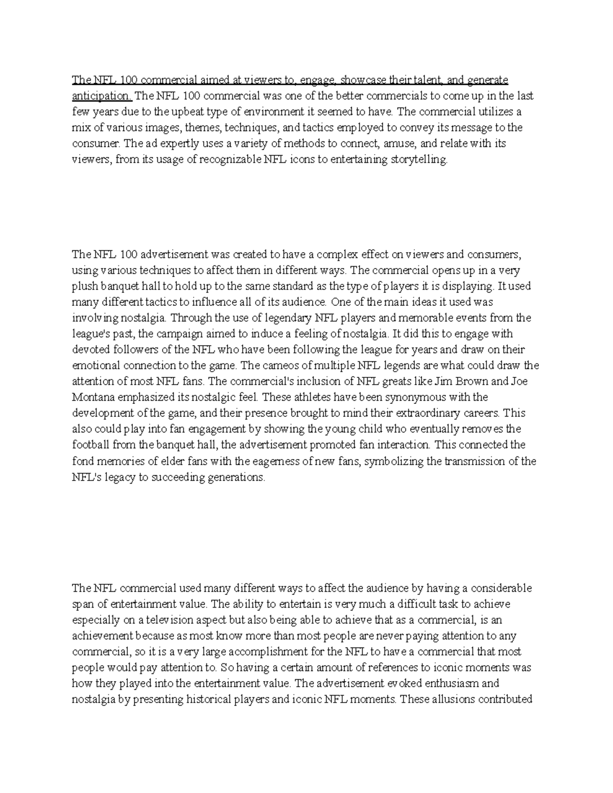 Essay - Work - The NFL 100 commercial aimed at viewers to, engage ...