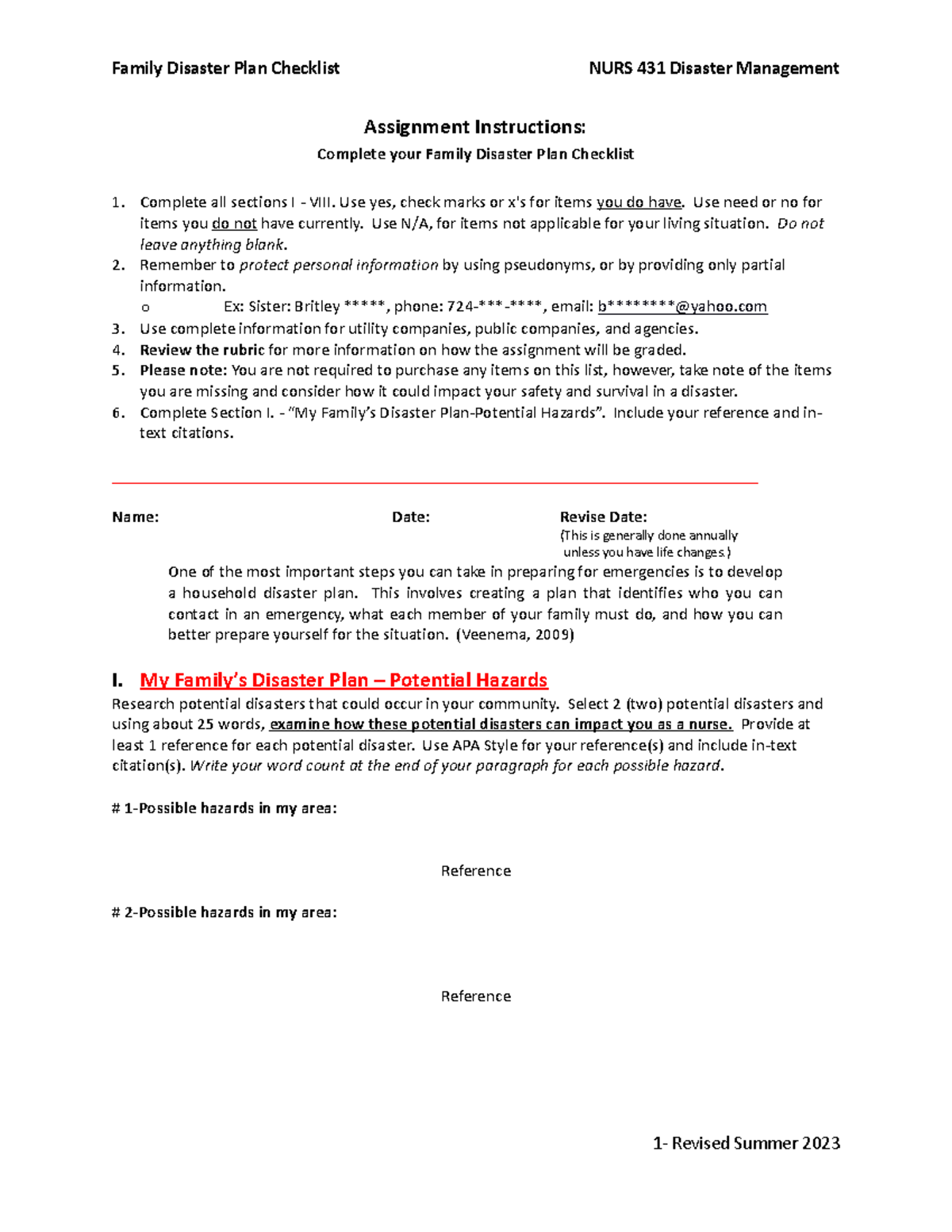 Family Disaster Plan Checklist - Complete all sections I - VIII. Use ...