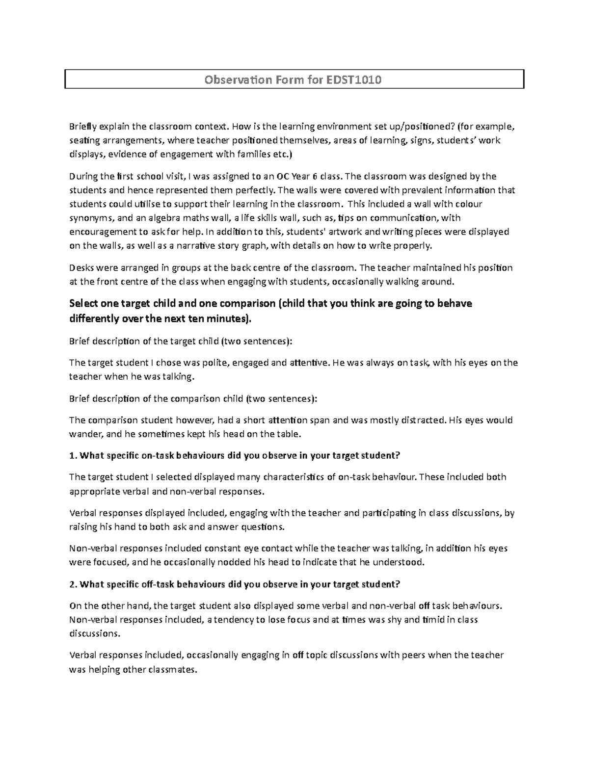 EDST1010 Observation Form1 2022 - Observation Form for EDST Briefly ...