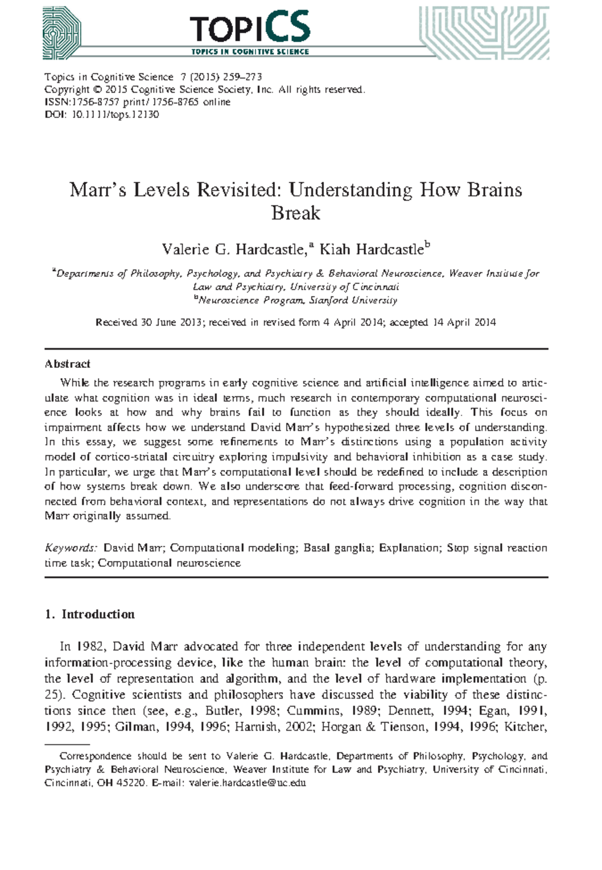 Marr 2015 - interesting research papers - Topics in Cognitive Science 7 ...