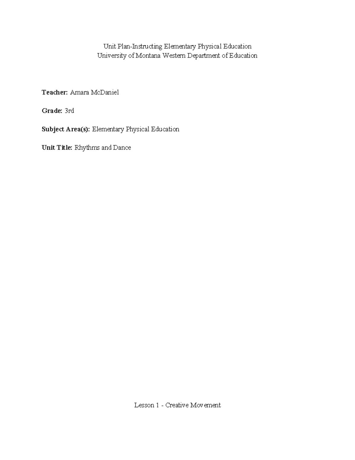 Unit Plan - Physical educational unit plan on rhythm and dance. - Unit ...