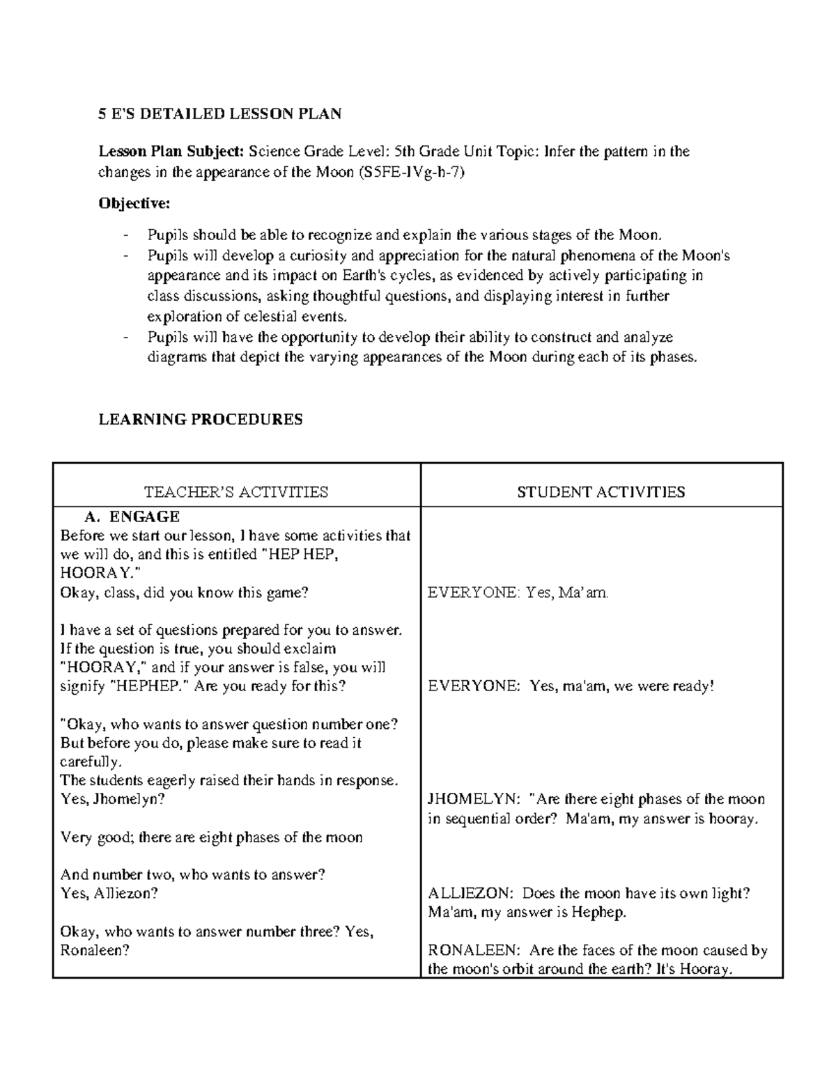 5 ES Detailed Lesson PLAN - 5 E'S DETAILED LESSON PLAN Lesson Plan ...