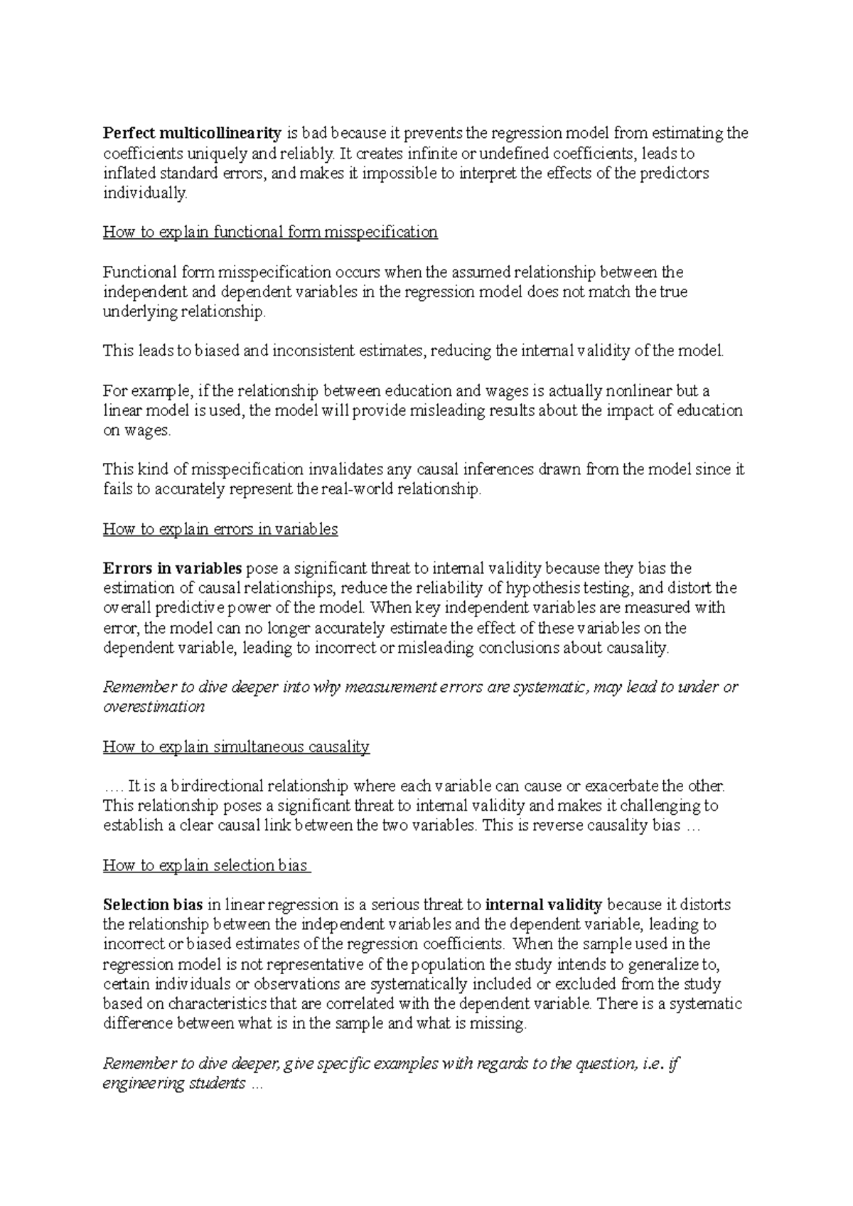 BT2101 notes - Perfect multicollinearity is bad because it prevents the ...