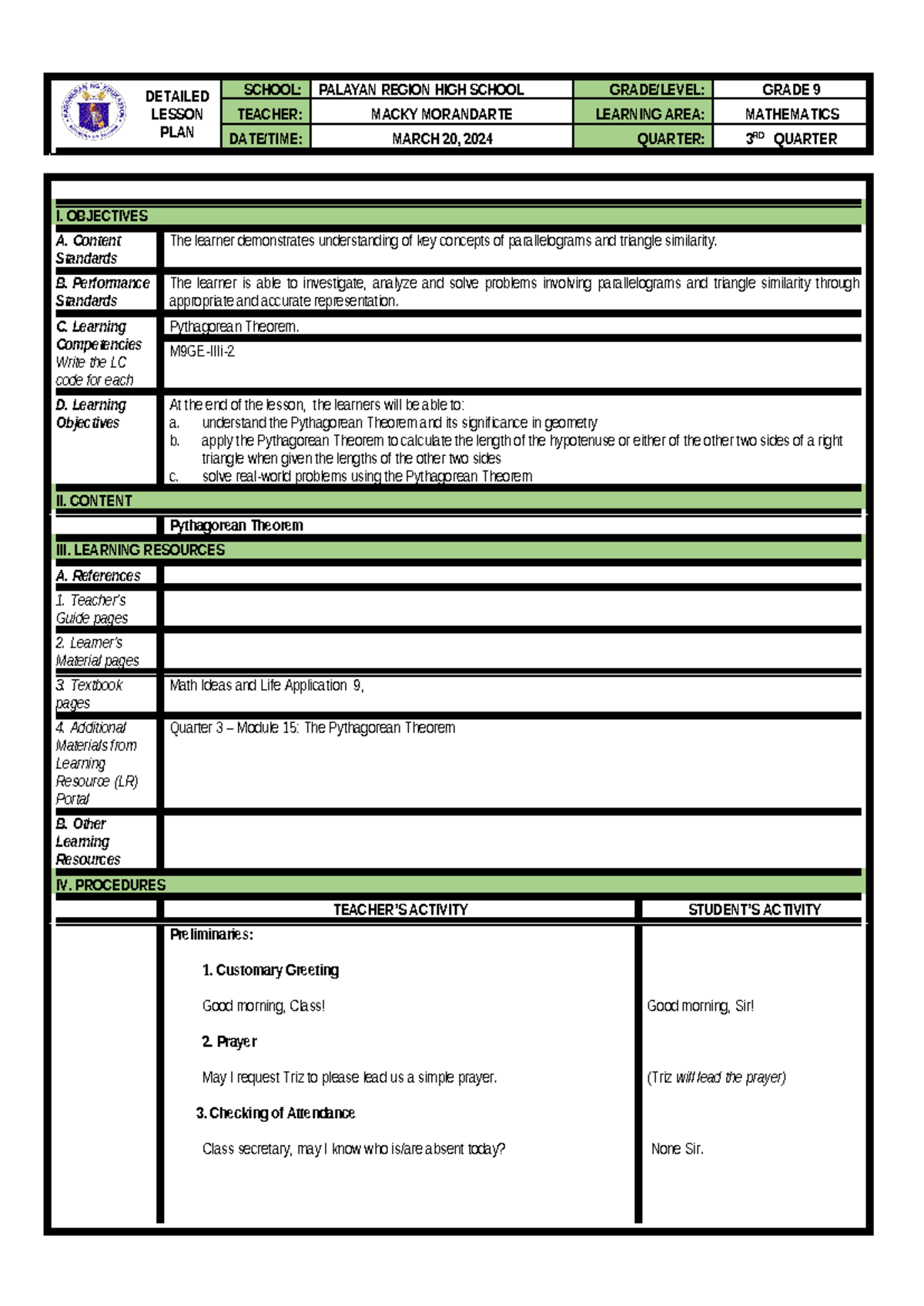 Math 9- Pythagorean Theorem - DETAILED LESSON PLAN SCHOOL: PALAYAN ...