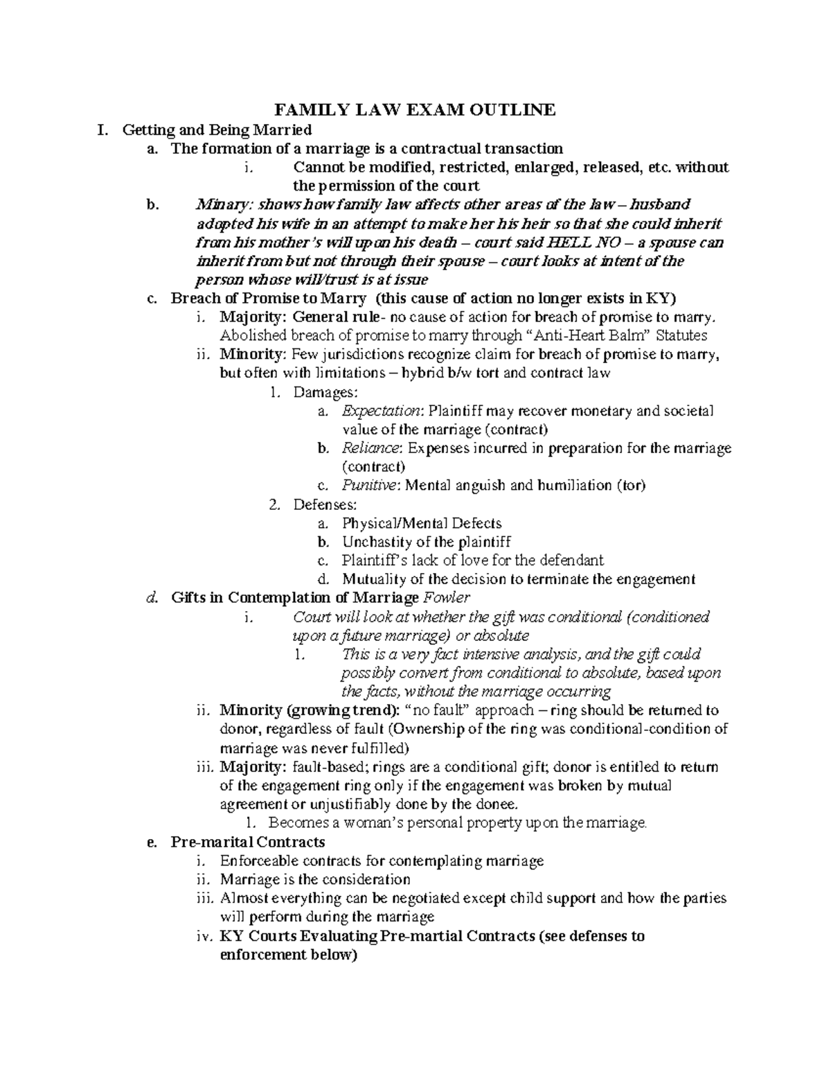 Family Law Outline - FAMILY LAW EXAM OUTLINE I. Getting and Being ...