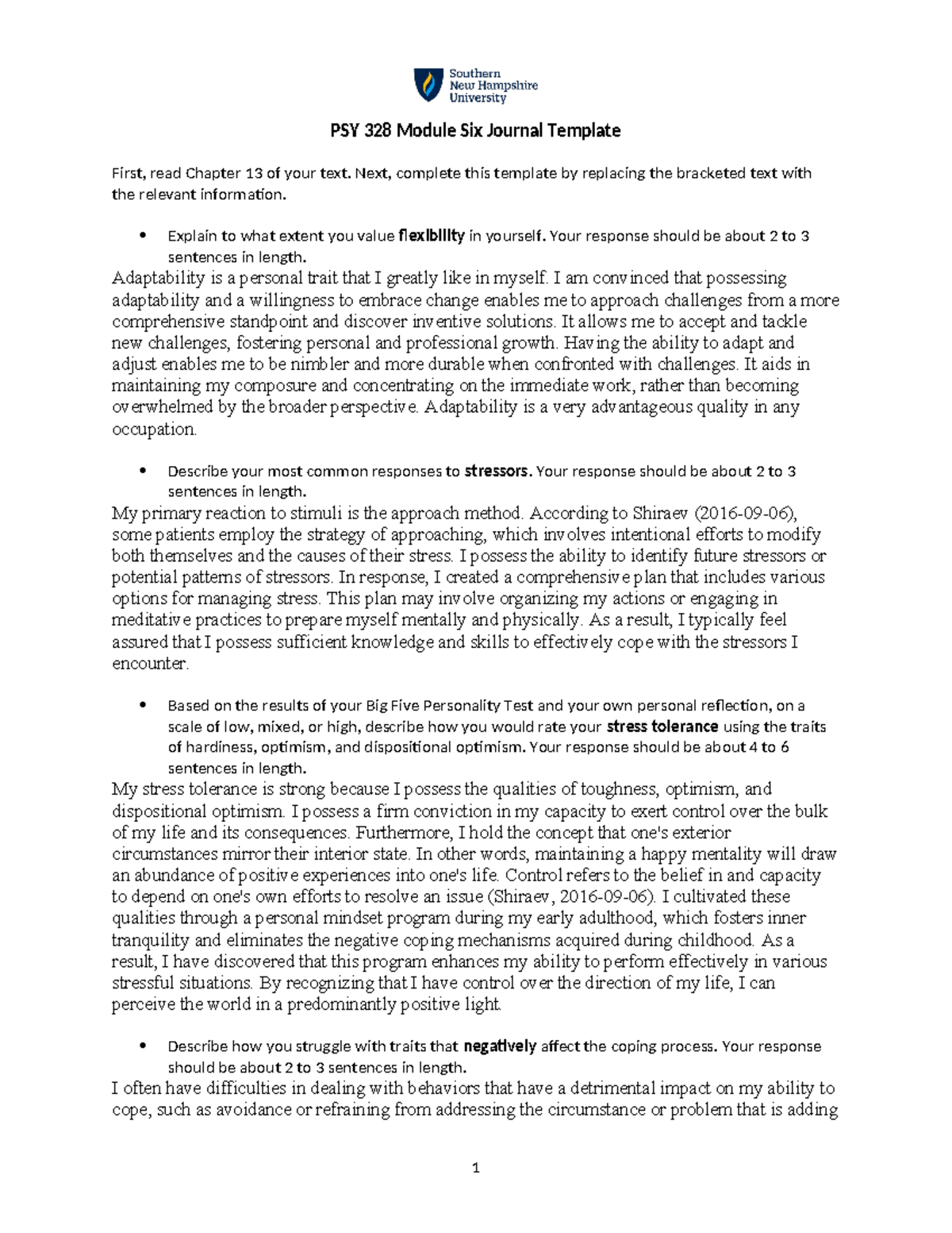 PSY 328 Module Six Journal - Next, complete this template by replacing the bracketed text with ...