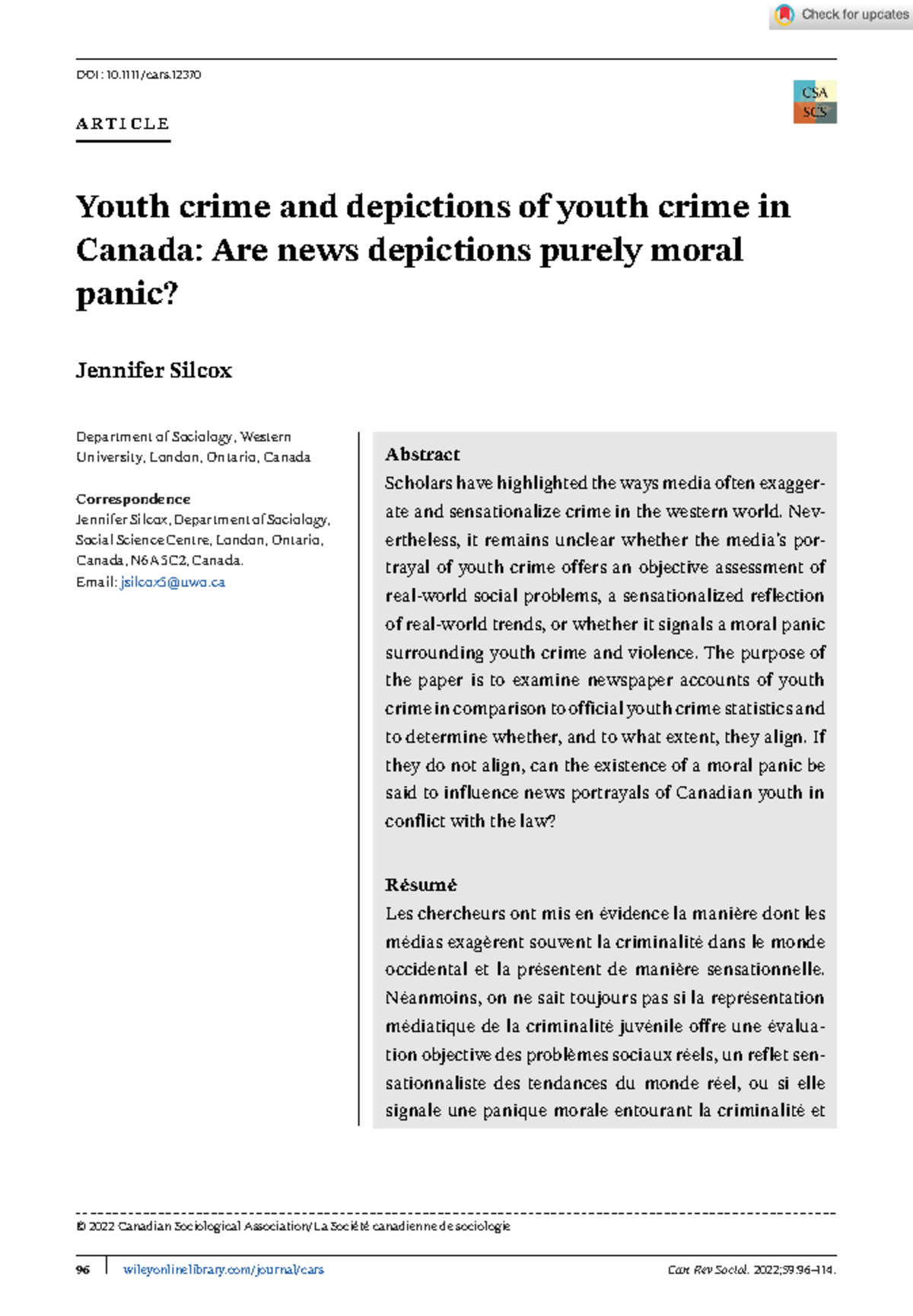 Canadian Review of Sociology - 2022 - Silcox - Youth crime and ...