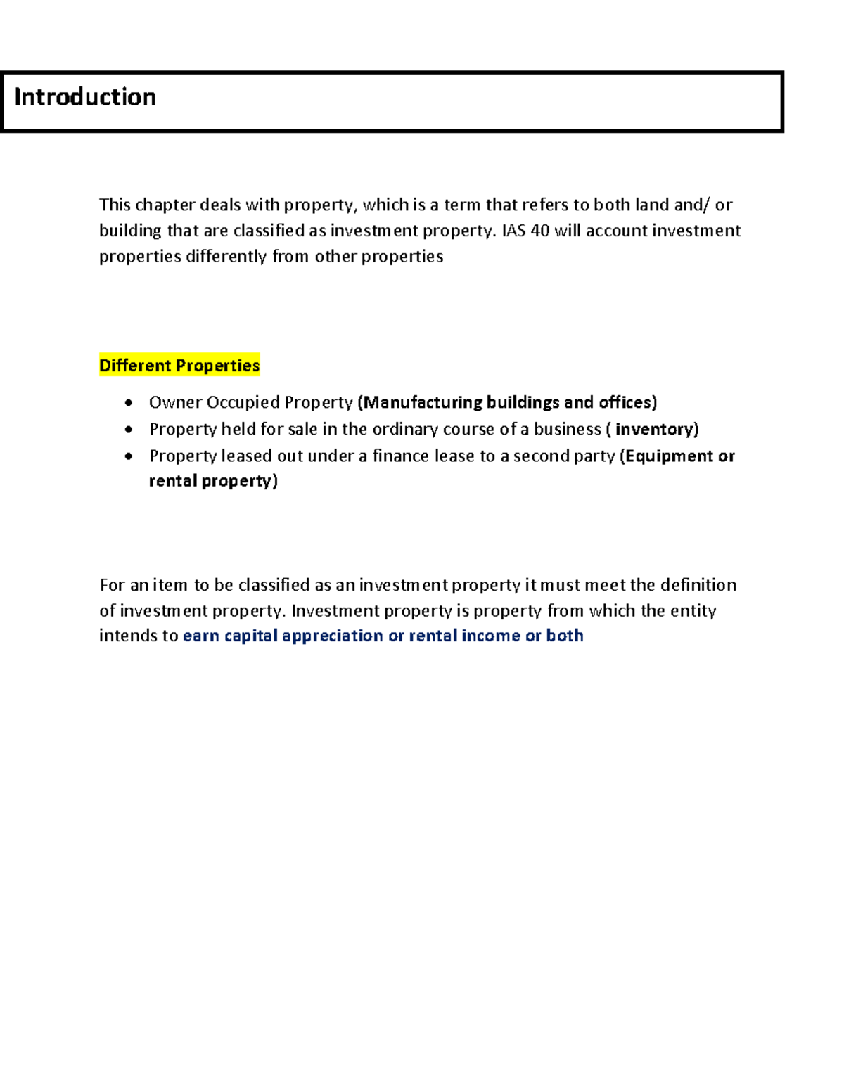 BACC 300 Investment Property notes - This chapter deals with property ...