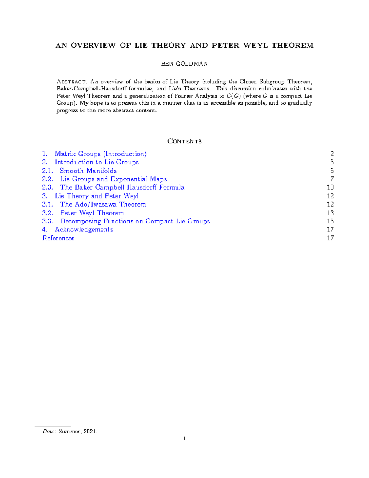 Goldman - USEFUL FOR COURSE - AN OVERVIEW OF LIE THEORY AND PETER WEYL ...