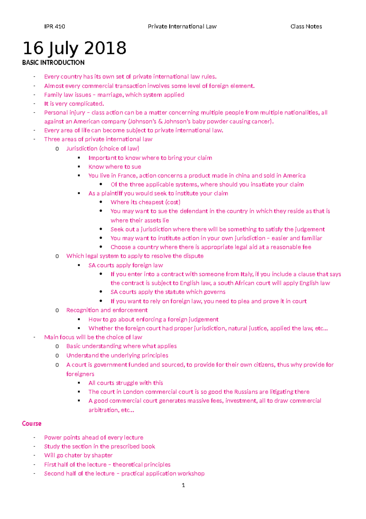 IPR 410 Private International Law Class Notes 2019 - 16 July 2018 BASIC ...