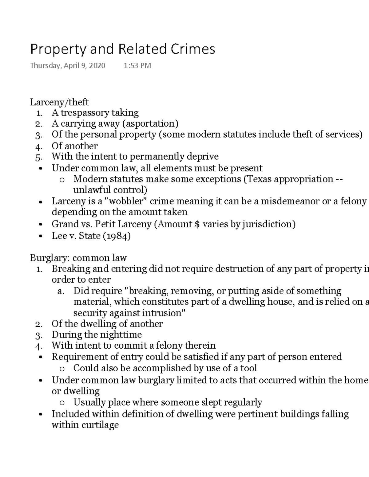 Property and Related Crimes - Larceny/theft 1. A trespassory taking 2 ...