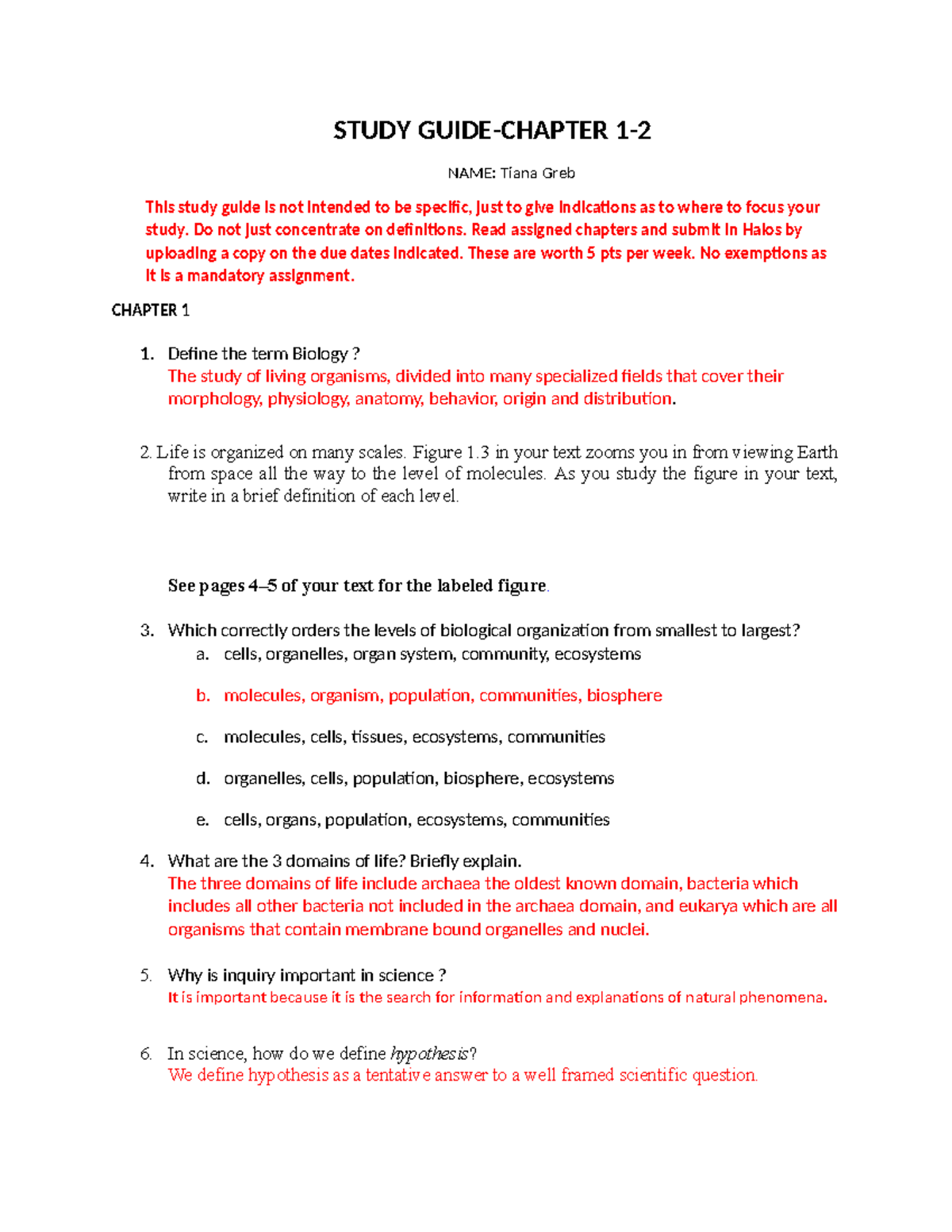 BIO 181-Study Guide-Week 1-Chapter 1 and 2 - STUDY GUIDE-CHAPTER 1 ...