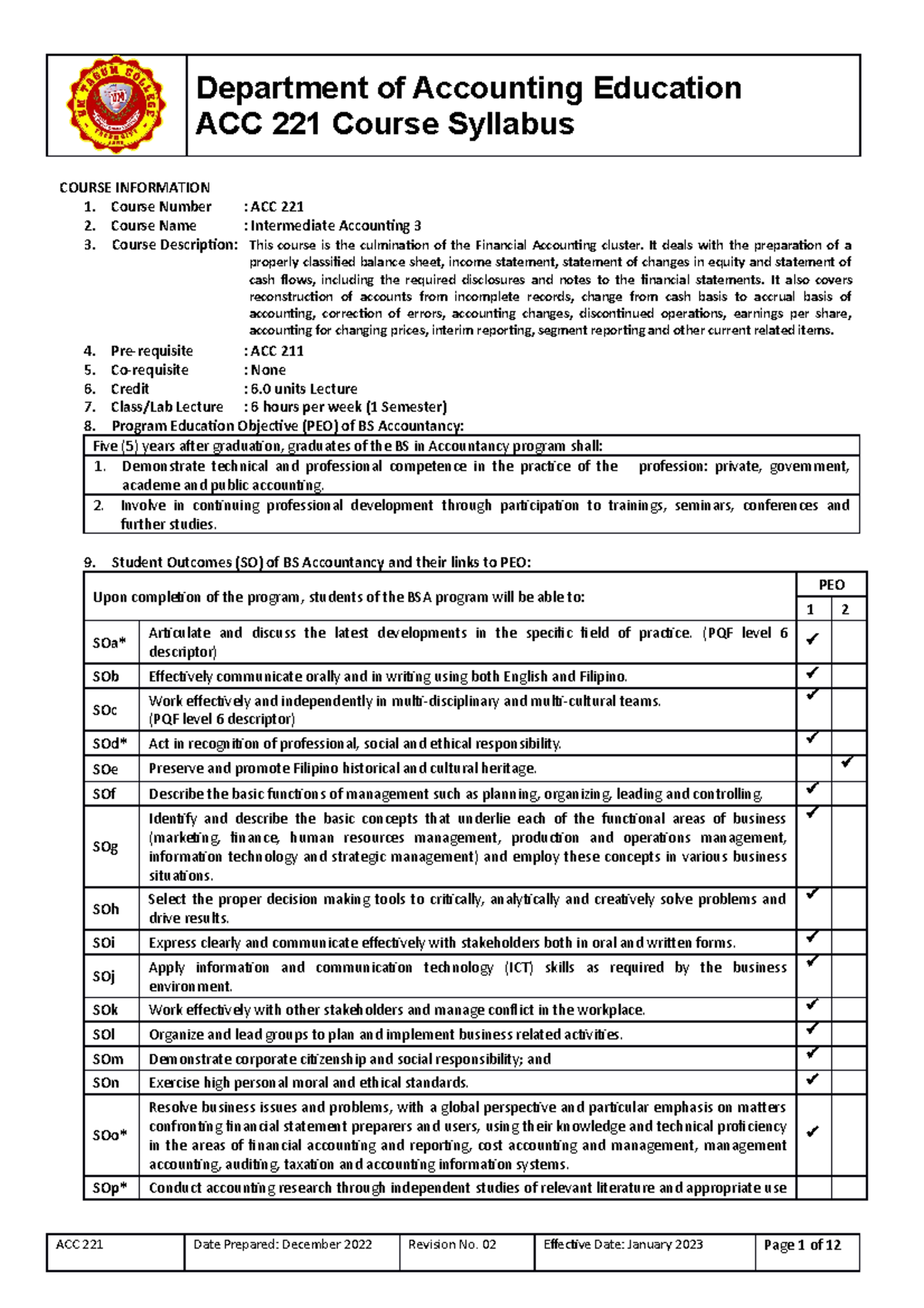 BSA ACC 221 Syllabus Rev2 Luzada ACC 221 Course Syllabus COURSE