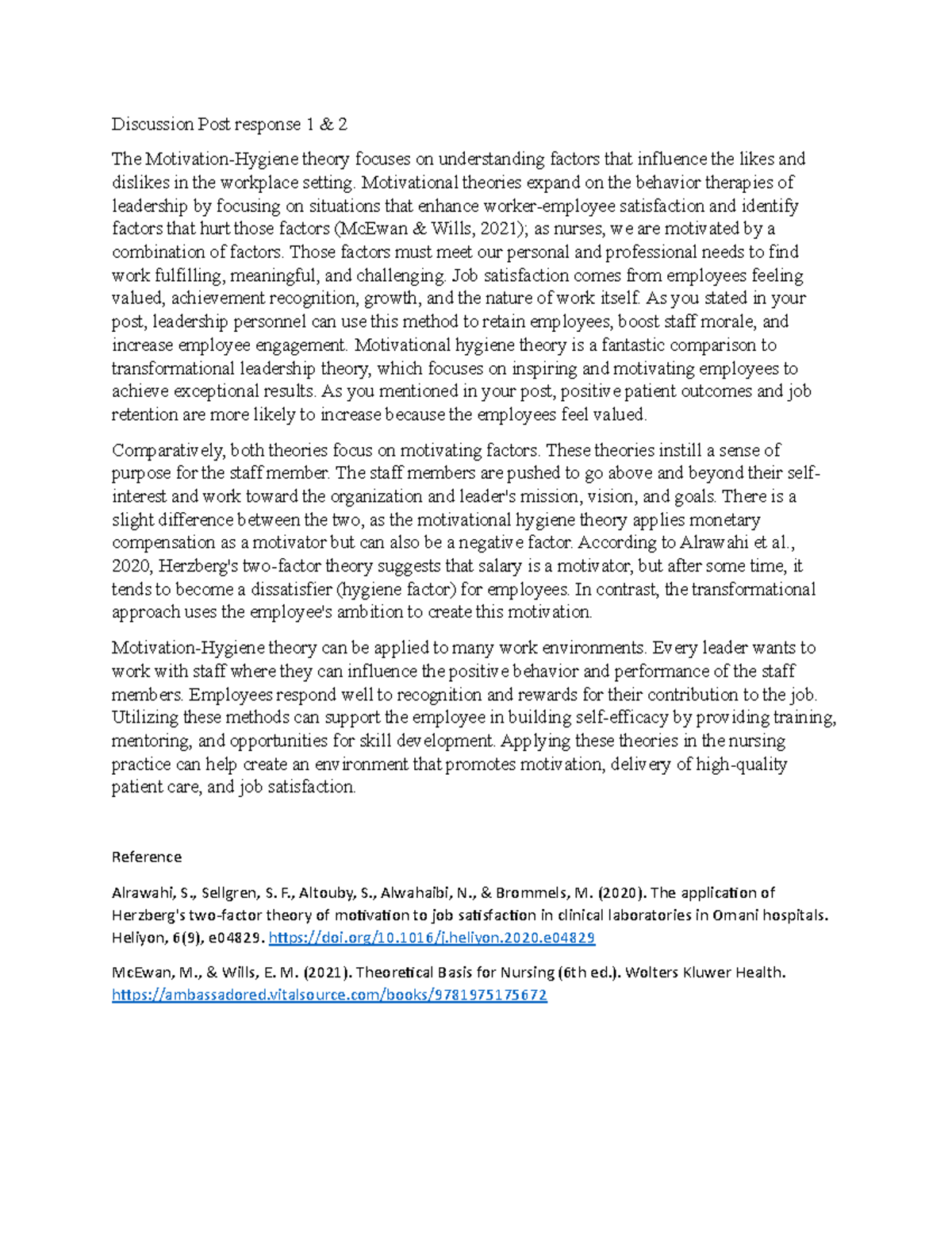 Discussion Post 4 response 1 and 2 - Discussion Post response 1 & 2 The ...