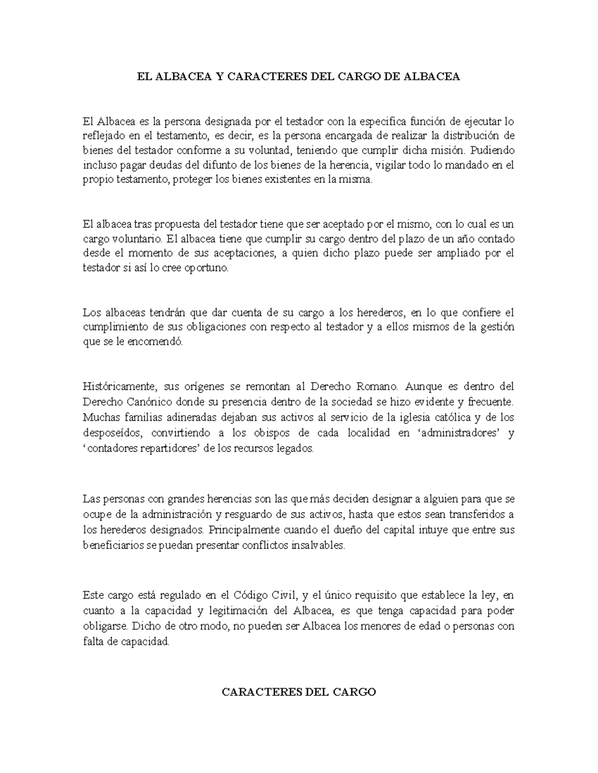 EL Albacea Y SUS Caracteres - EL ALBACEA Y CARACTERES DEL CARGO DE ...