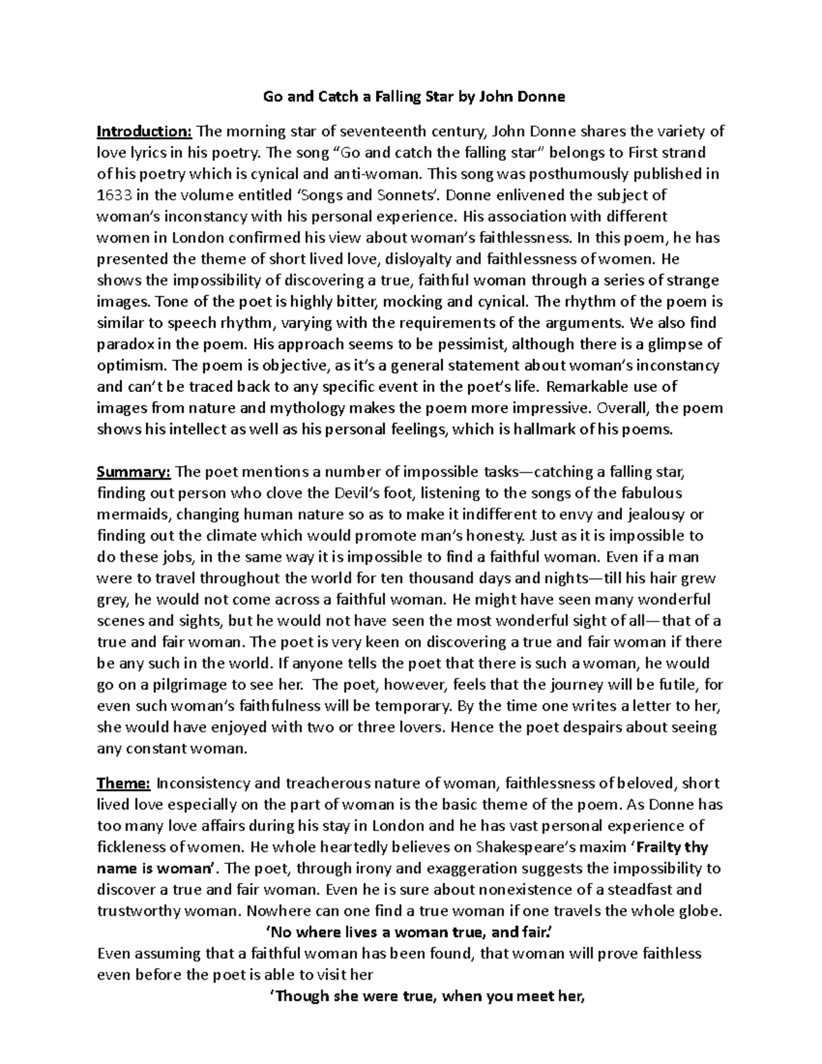 Go and Catch a falling star - The song “Go and catch the falling star ...