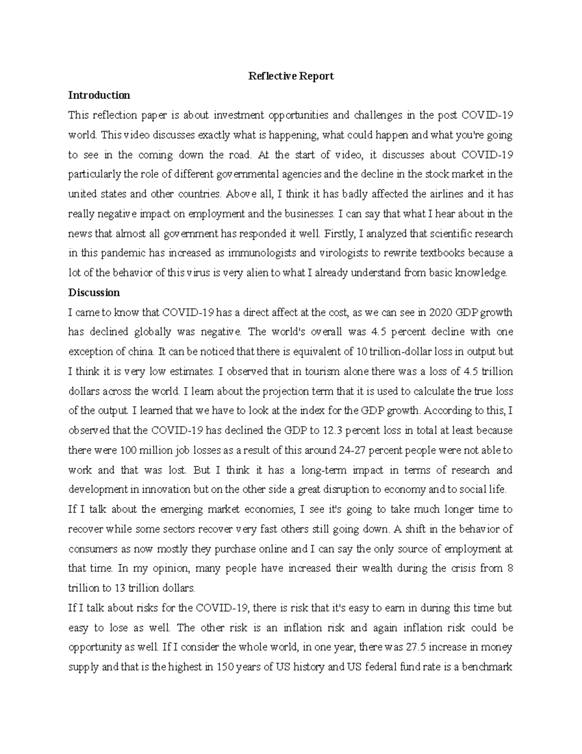 Reflection Paper - Reflective Report Introduction This reflection paper ...