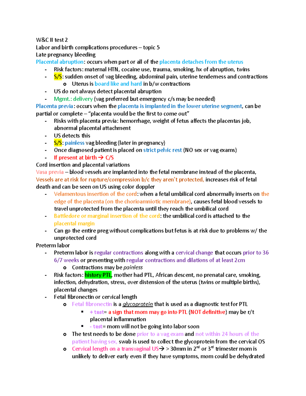 W&CII test 2 - Labor and birth complications procedures, Maternal child ...