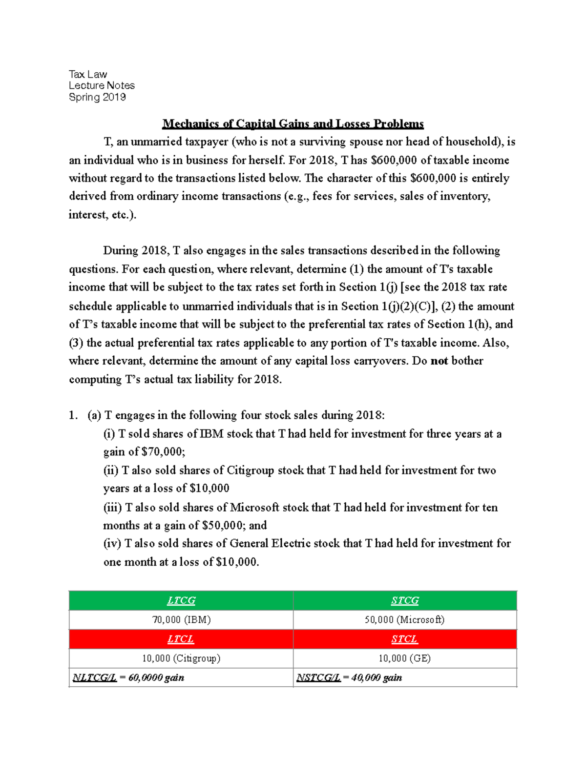Mechanics of Capital Gains and Losses Problems - For 2018, T has ...