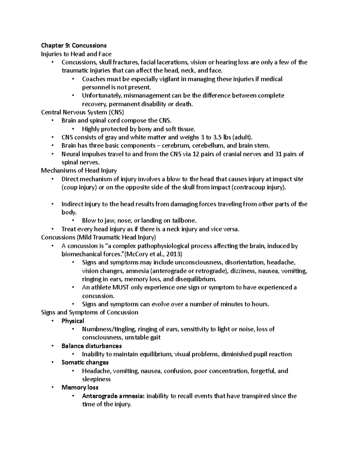Ch 9 - concussion - instructor: angela brown, notes from lecture slides ...