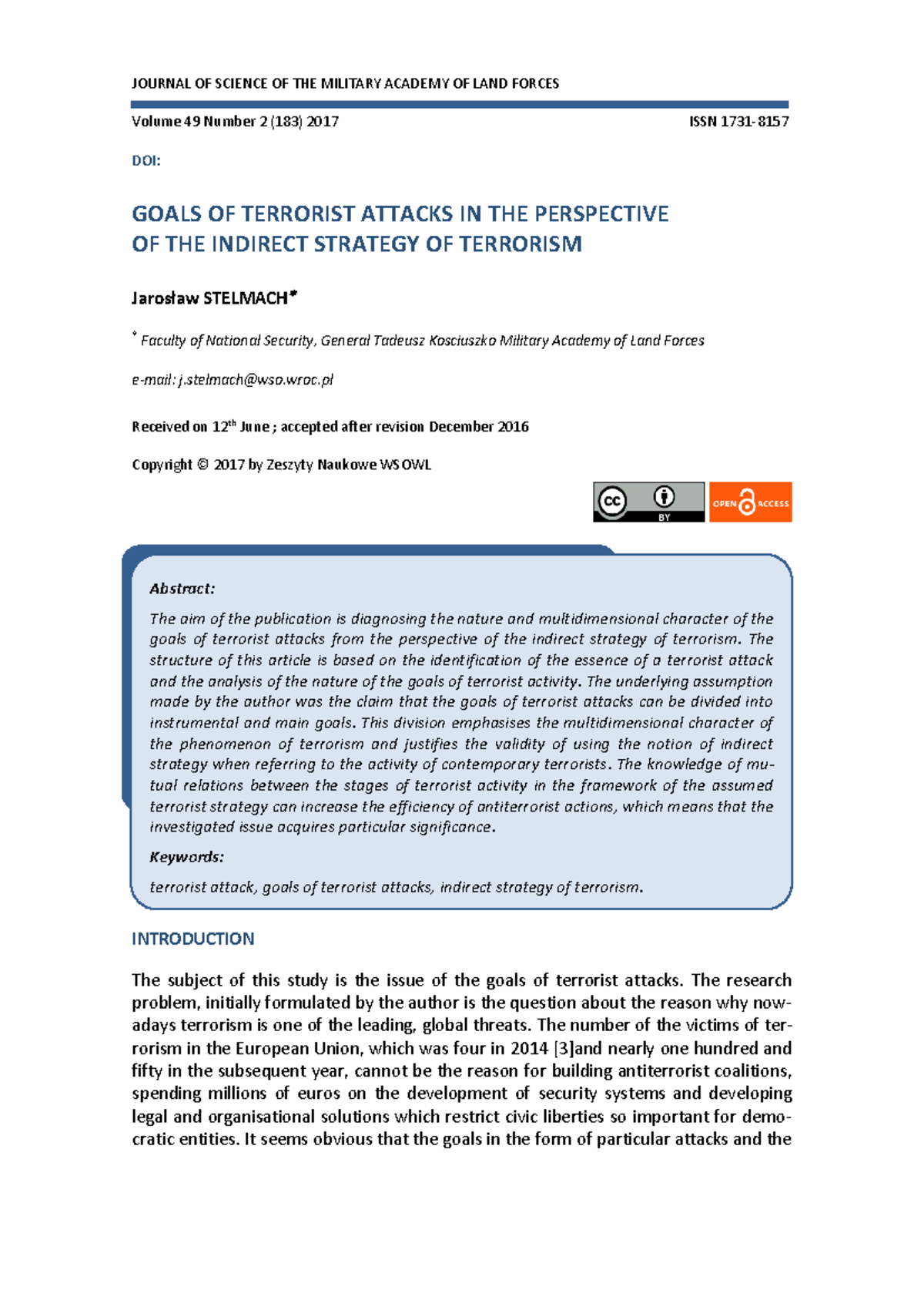 Goals of terrorist attacks in the p - JOURNAL OF SCIENCE OF THE ...