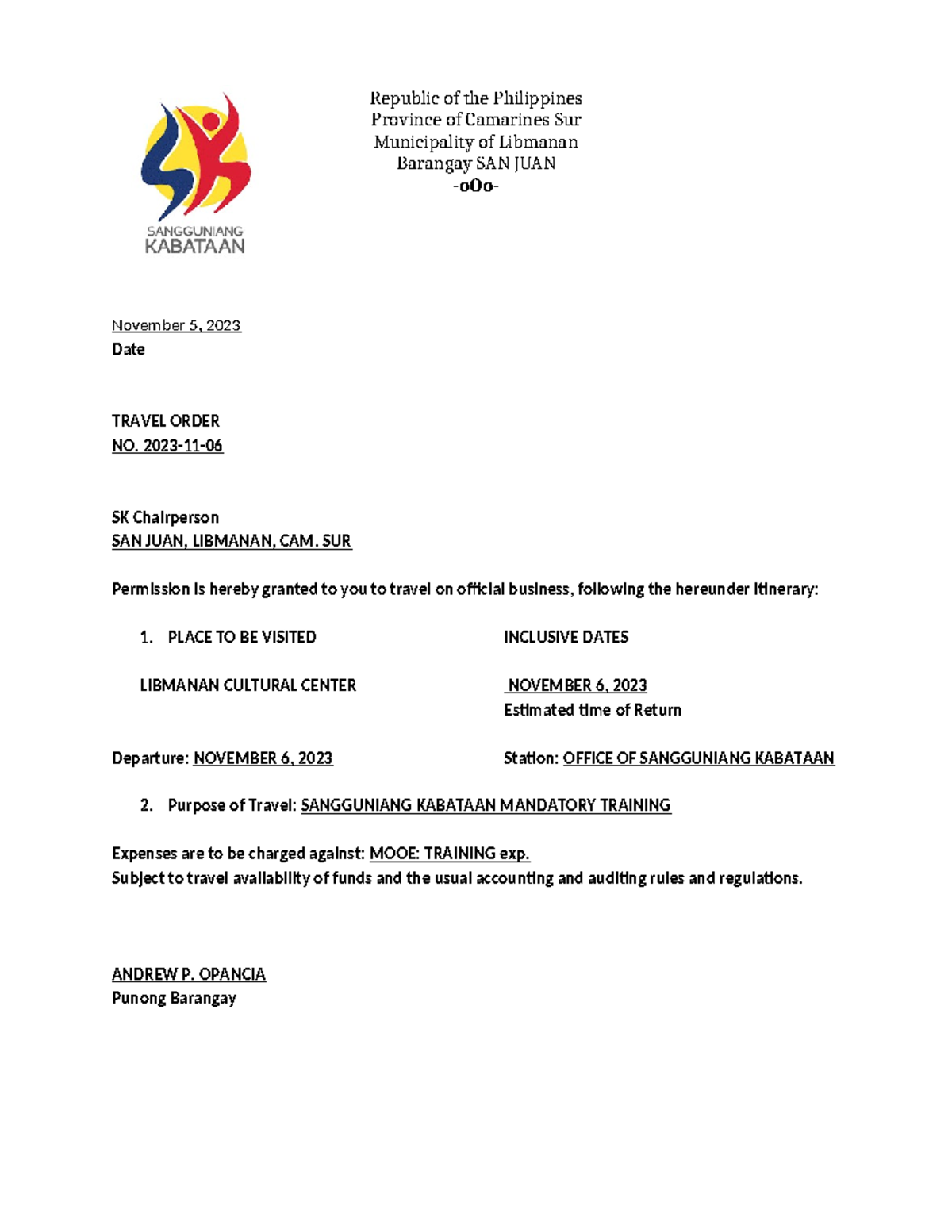 Travel Order - Republic of the Philippines Province of Camarines Sur ...