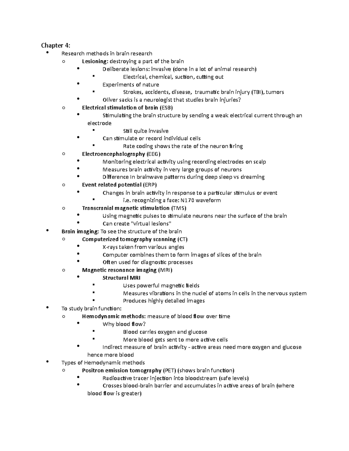 Midterm 2 study notes - Chapter 4: Research methods in brain research o ...