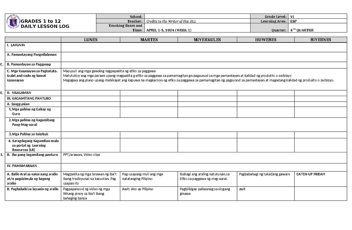 DLL ESP 6 Q4 W1 - Edukasyon sa Pagpapakatao - GRADES 1 to 12 DAILY LESSON LOG School: Grade ...