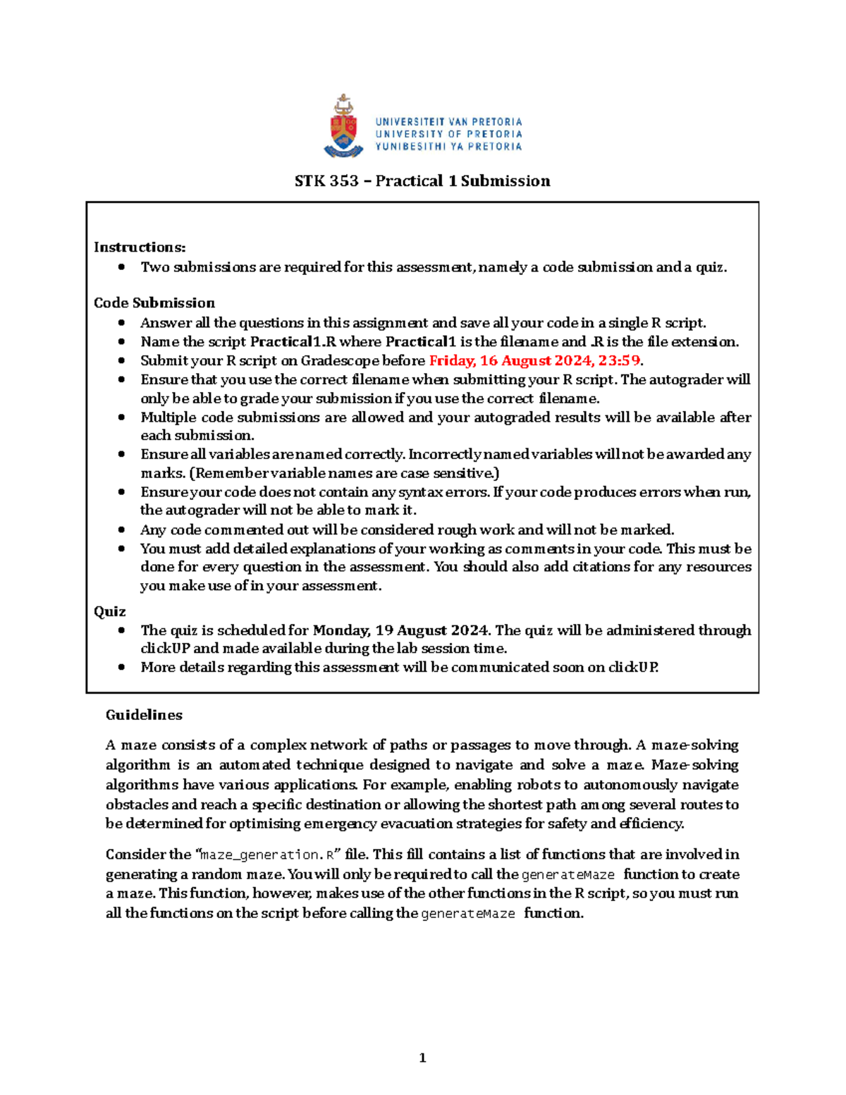 STK353 - Practical 1 Assignment - 2024 - STK 353 – Practical 1 Submission Instructions: Two ...