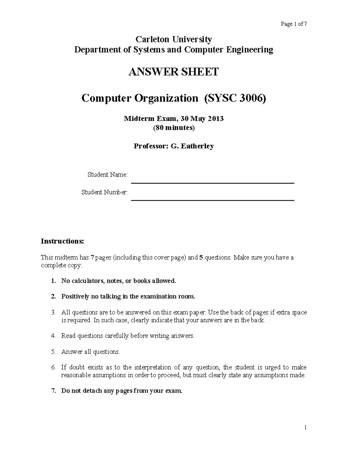 Midterm-3006-s13ans - sum - Page 1 of 7 Carleton University Department of Systems and Computer ...