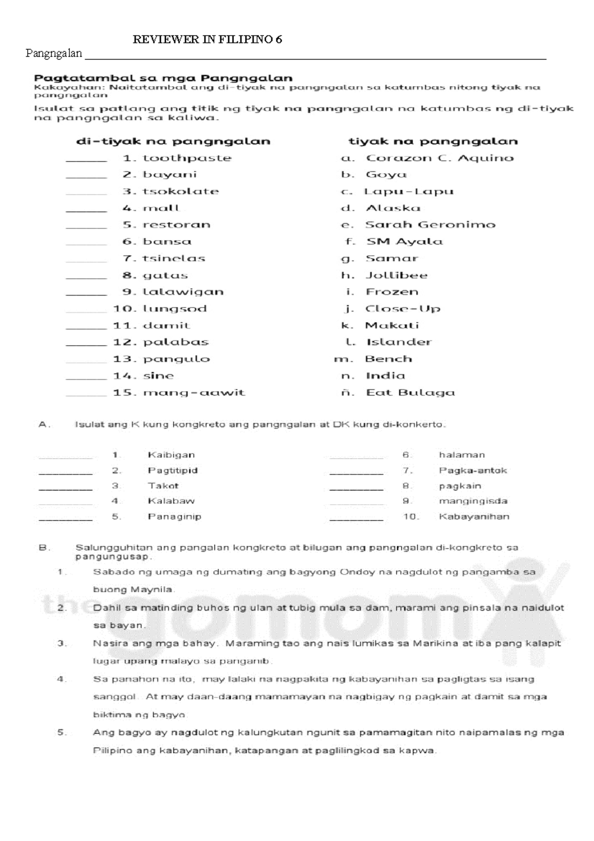 Filipino Summative Test - REVIEWER IN FILIPINO 6 Pangngalan - Studocu