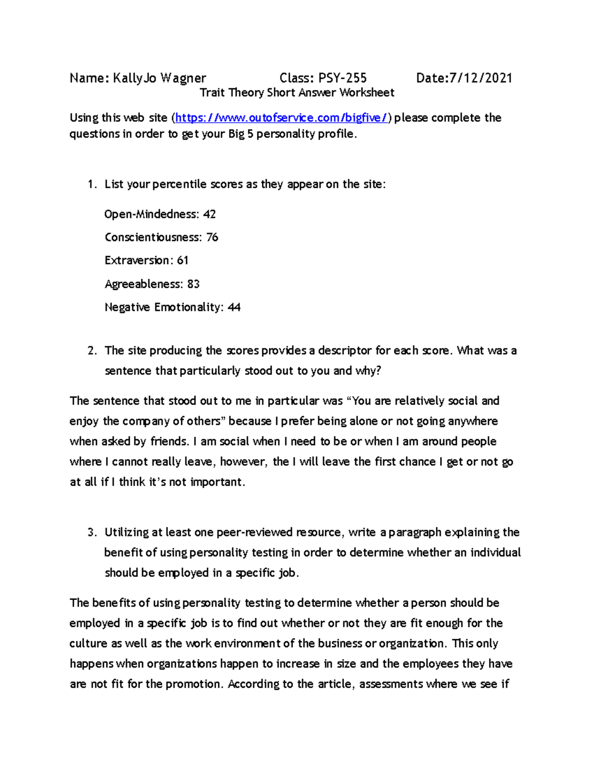 PSY 255 Trait Theory Short Answer Worksheet - Name: KallyJo Wagner ...