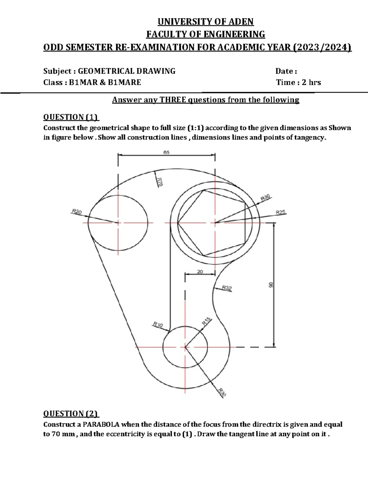B1MAR RE-EXAM - drawing - UNIVERSITY OF ADEN FACULTY OF ENGINEERING ODD ...