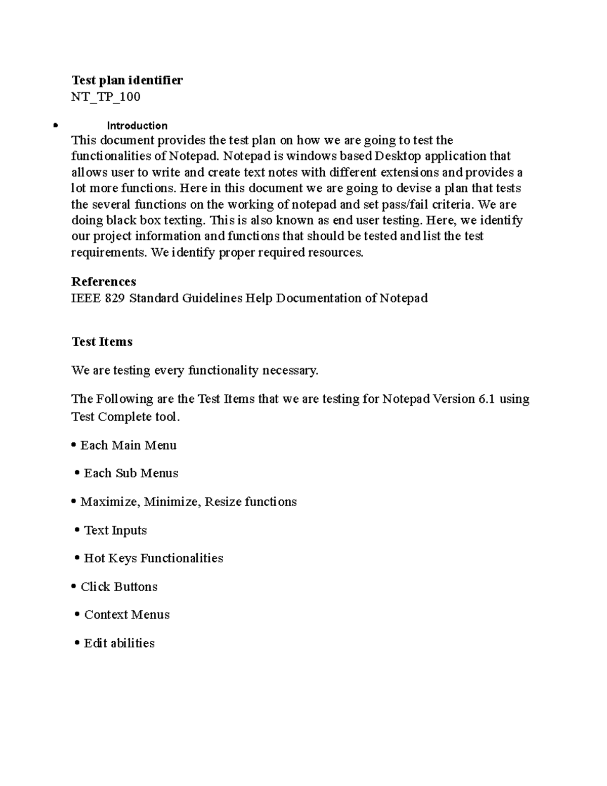 Notepad test plan - Test plan identifier NT_TP_ Introduction This ...
