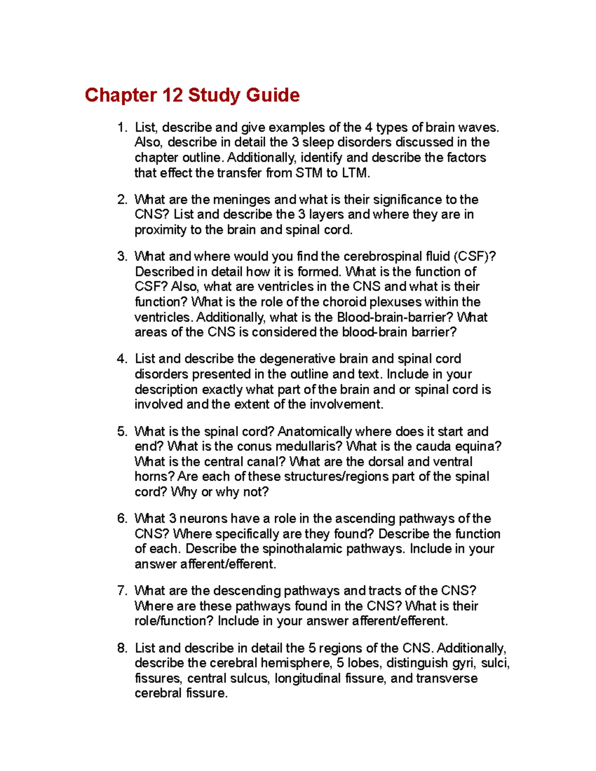 02 Chpt 12 Exam Study Guide Central Nervous System - Chapter 12 Study Guide List, describe and ...