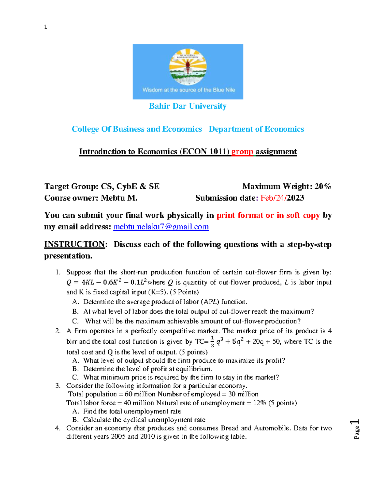 Introduction to economics assignment - 1 Page 1 Bahir Dar University ...