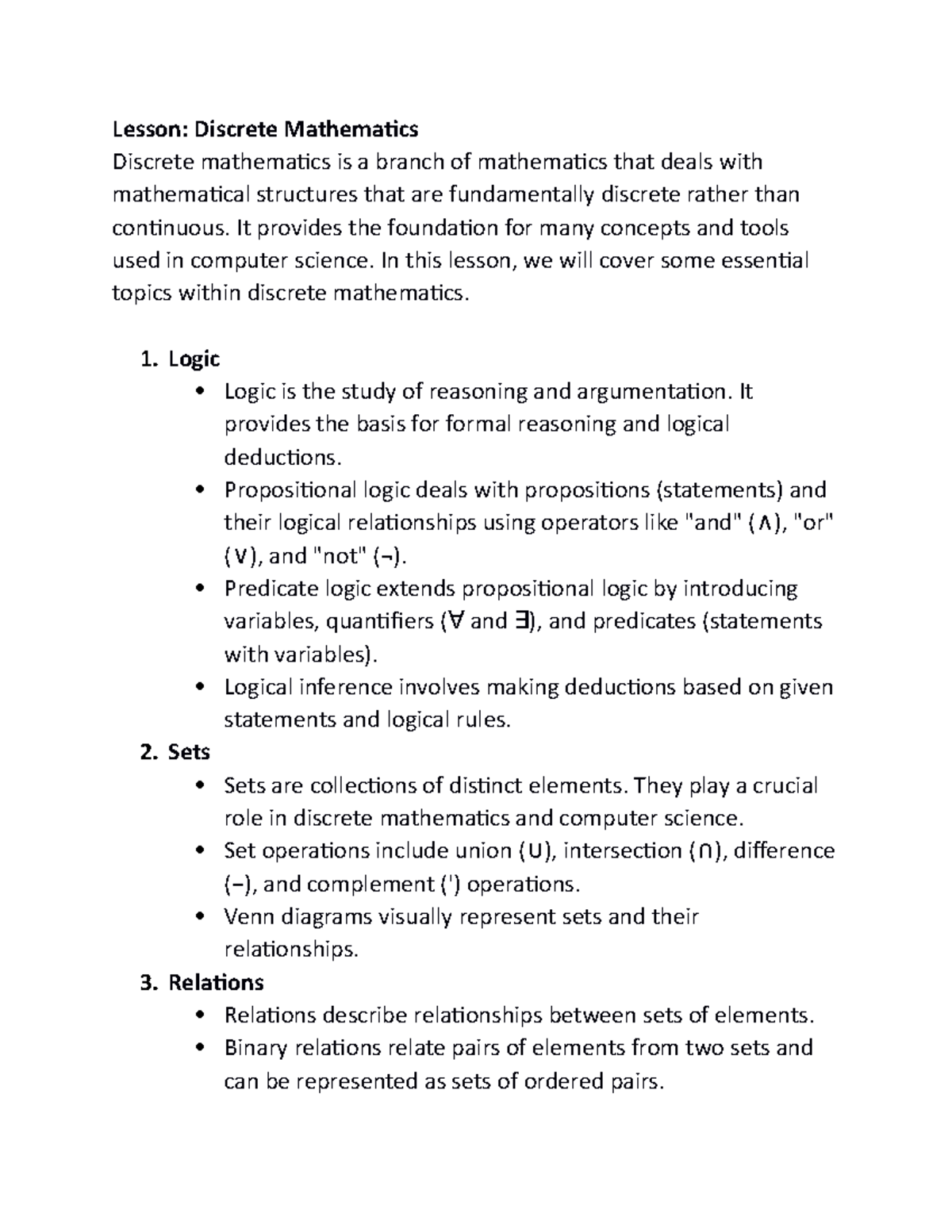 Discrete Mathematics - Lesson: Discrete Mathematics Discrete ...