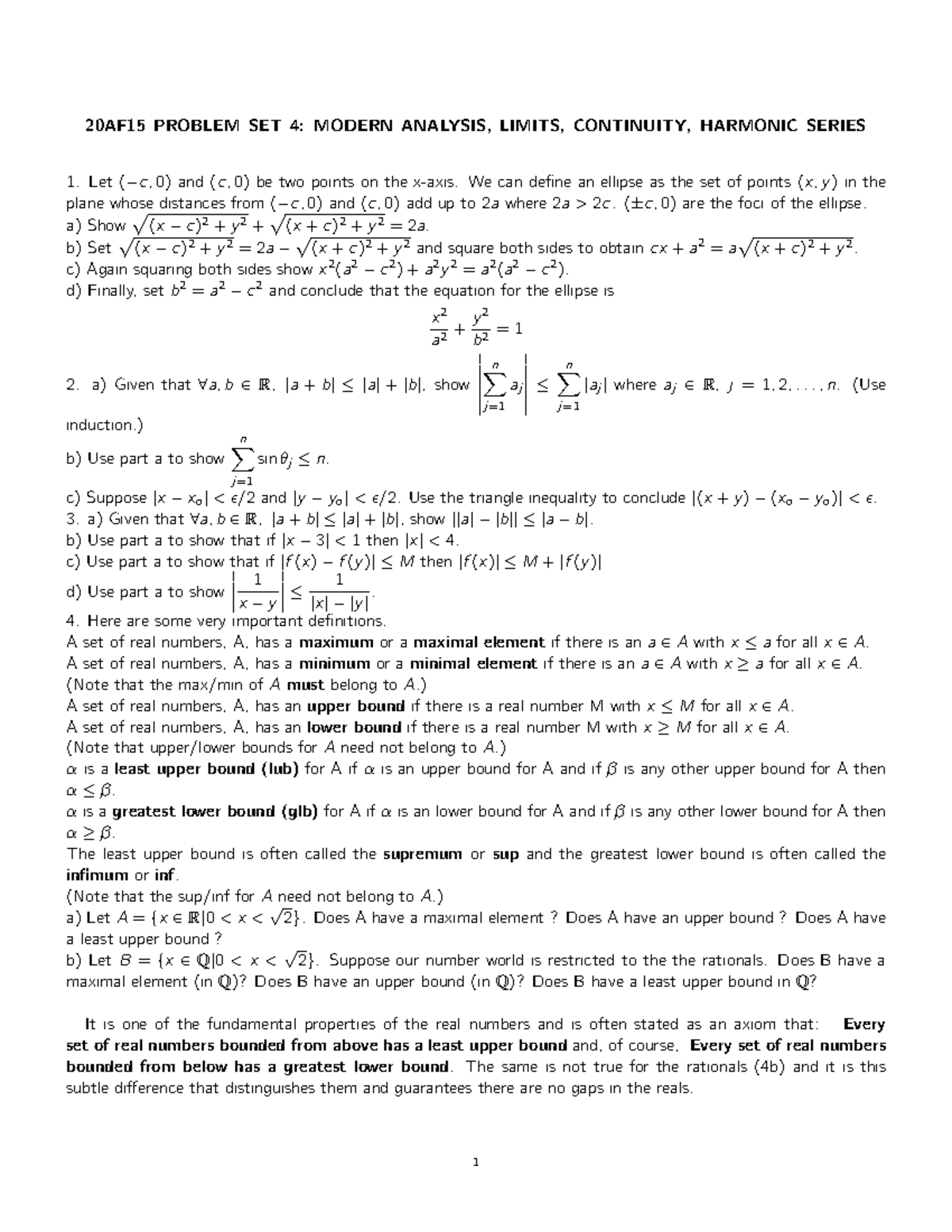 20AF15 Problem Set 4: Modern Analysis, Limits, Continuity, Harmonic Series - 20AF15 PROBLEM SET ...