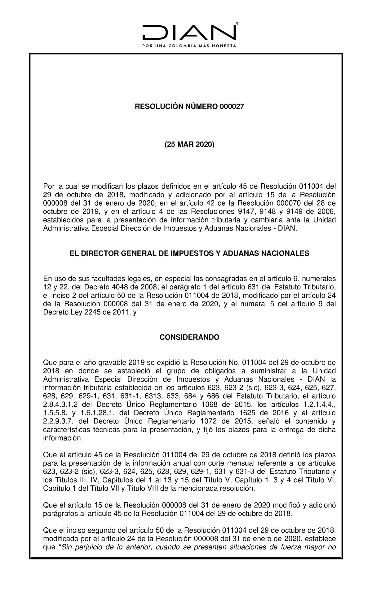 Resolución 000027 de 25-03-2020 - RESOLUCIÓN NÚMERO 000027 ( 25 MAR ...