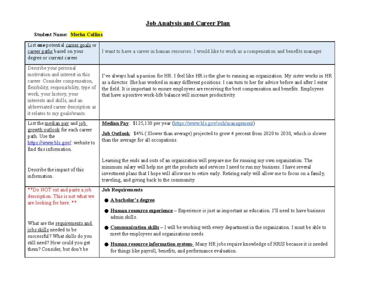 Job Analysis and Career Plan - Job Analysis and Career Plan Student ...