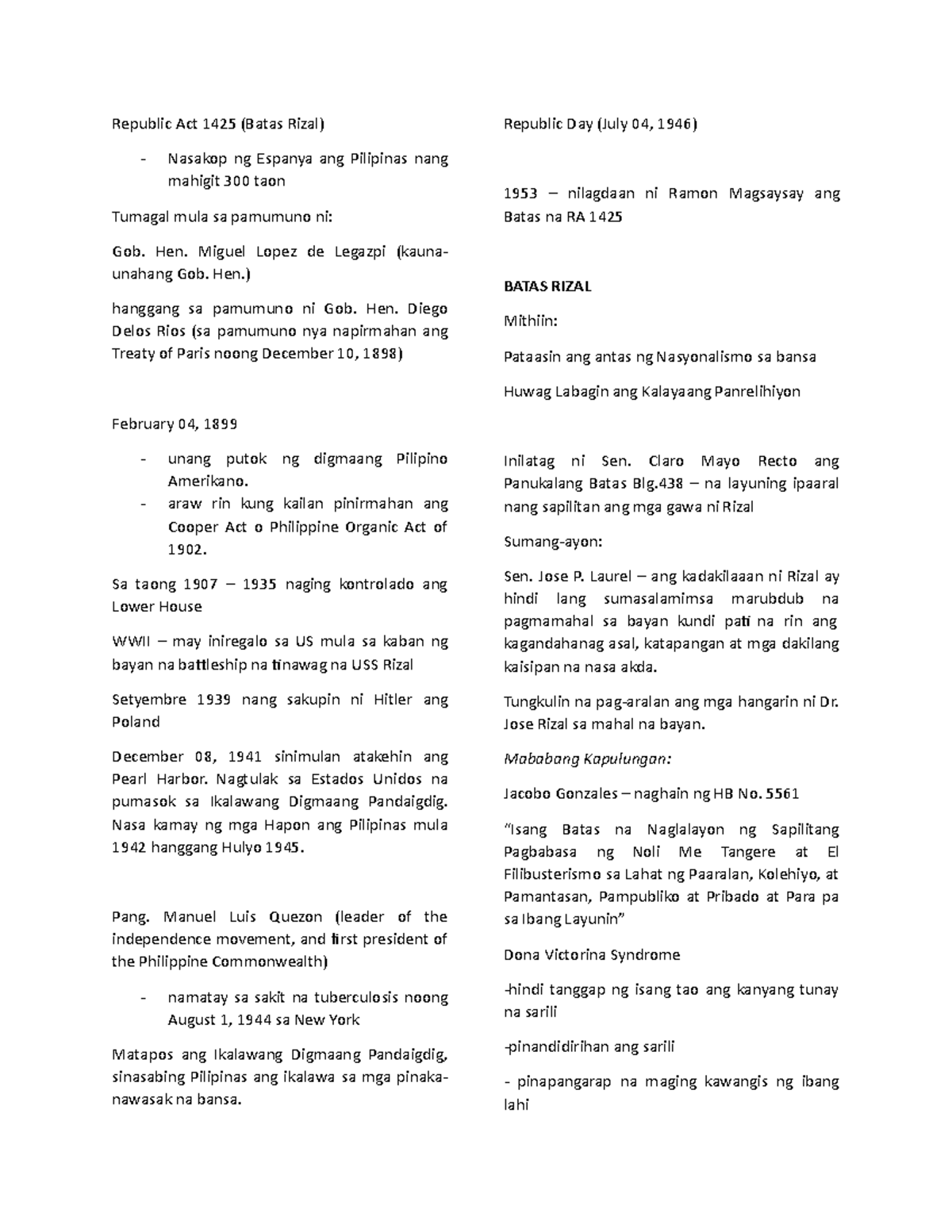 Rizal Notes Lecture 1 - Republic Act 1425 (Batas Rizal) Nasakop ng ...