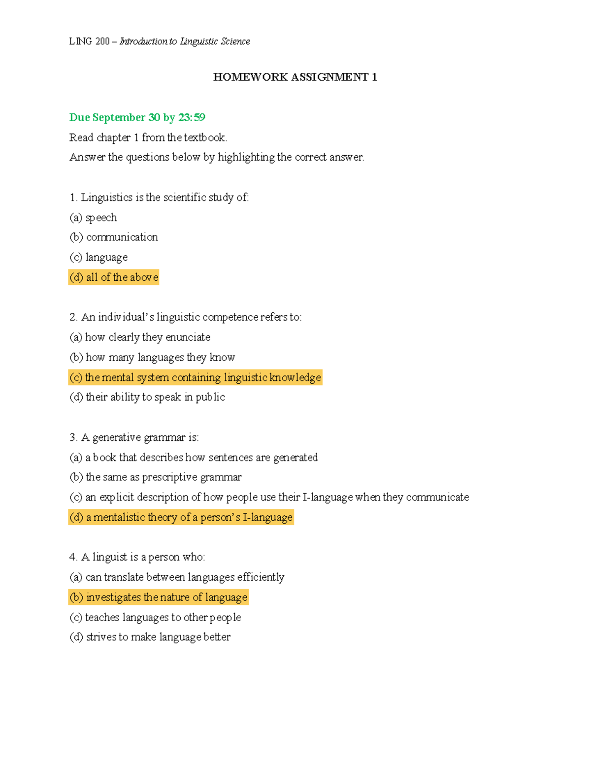 LING 200 - Homework assignment 1 - LING 200 3 Introduction to Linguistic Science HOMEWORK ...