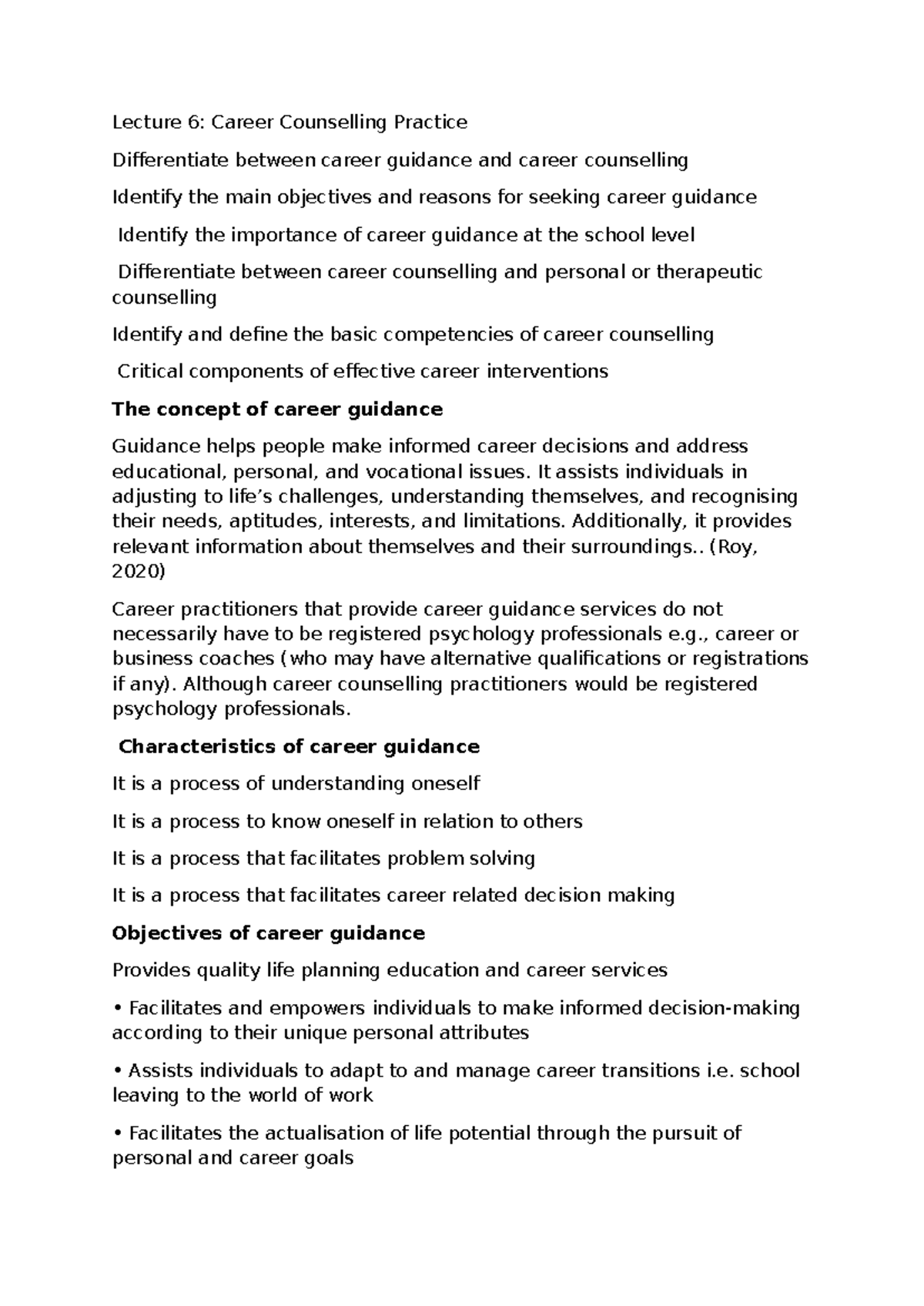 Lecture 6 - exam preparation - Lecture 6: Career Counselling Practice ...